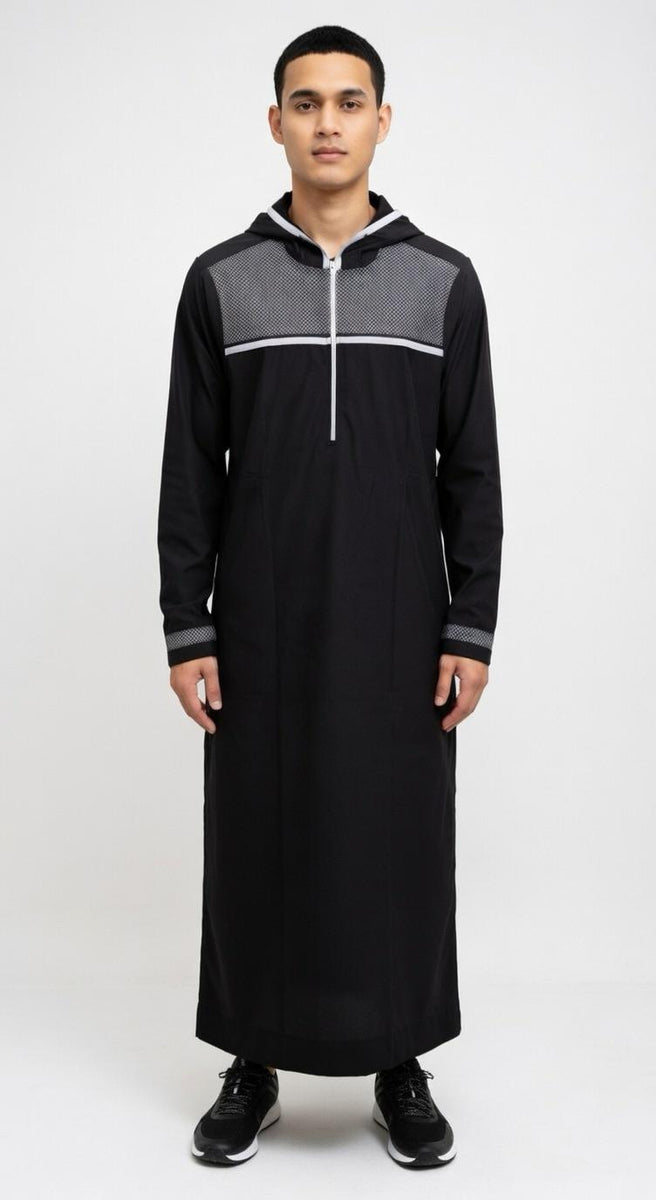 Black Geometric Panel Hooded Men's Thobe | Athletic Jubba | TheTopiWala ...