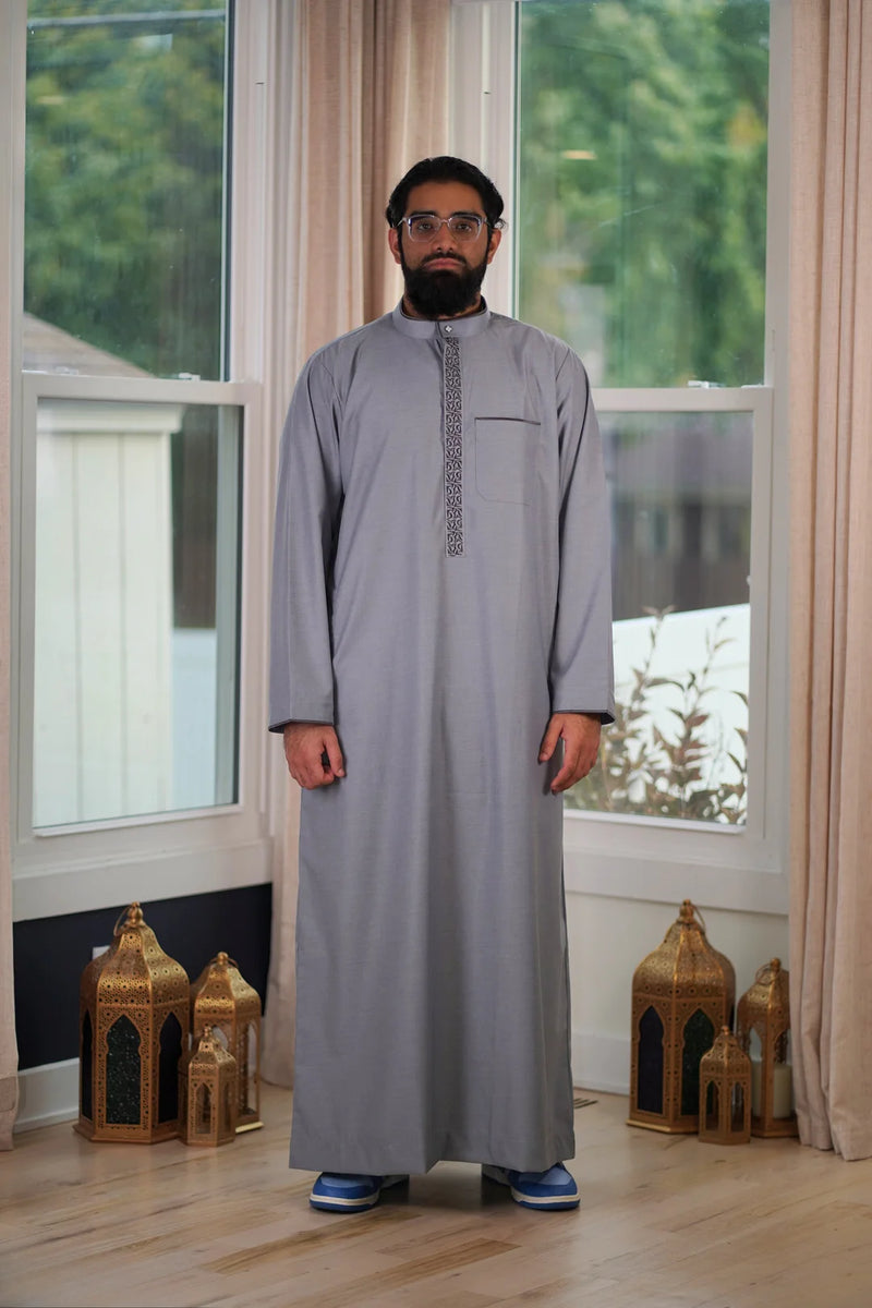Gray & Charcoal Embroidered Thobe | Mandarin Collar Jubbah | The ...